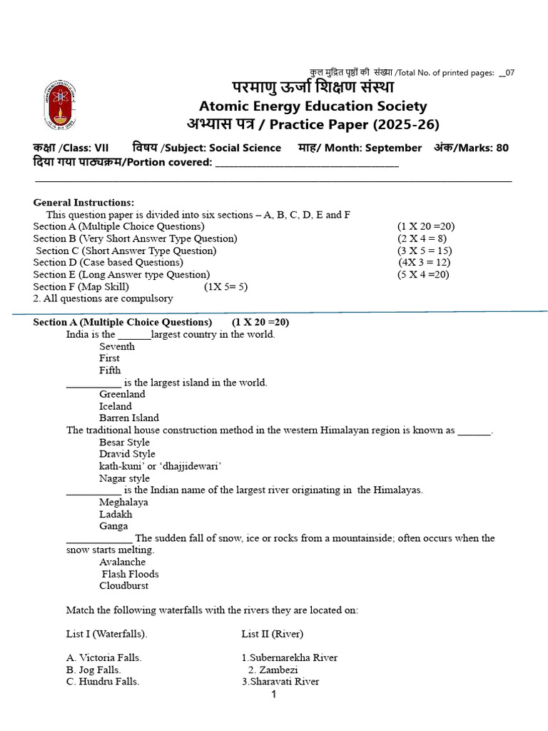 Practice Paper - Class-7 - Social Science - (SetA) September '25 HYE | PDF