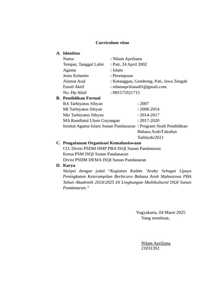 CV Nilam Apriliana: Pendidikan & Pengalaman | PDF