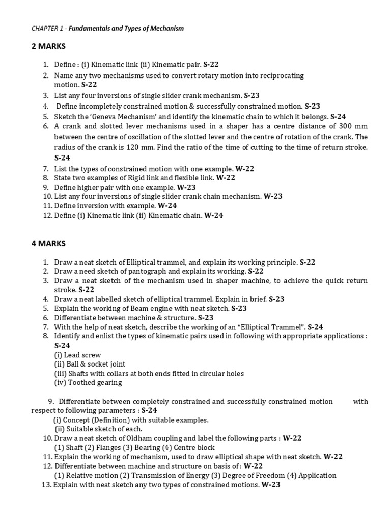 Chapter-1 MSBTE Board Questions | PDF | Kinematics | Machines