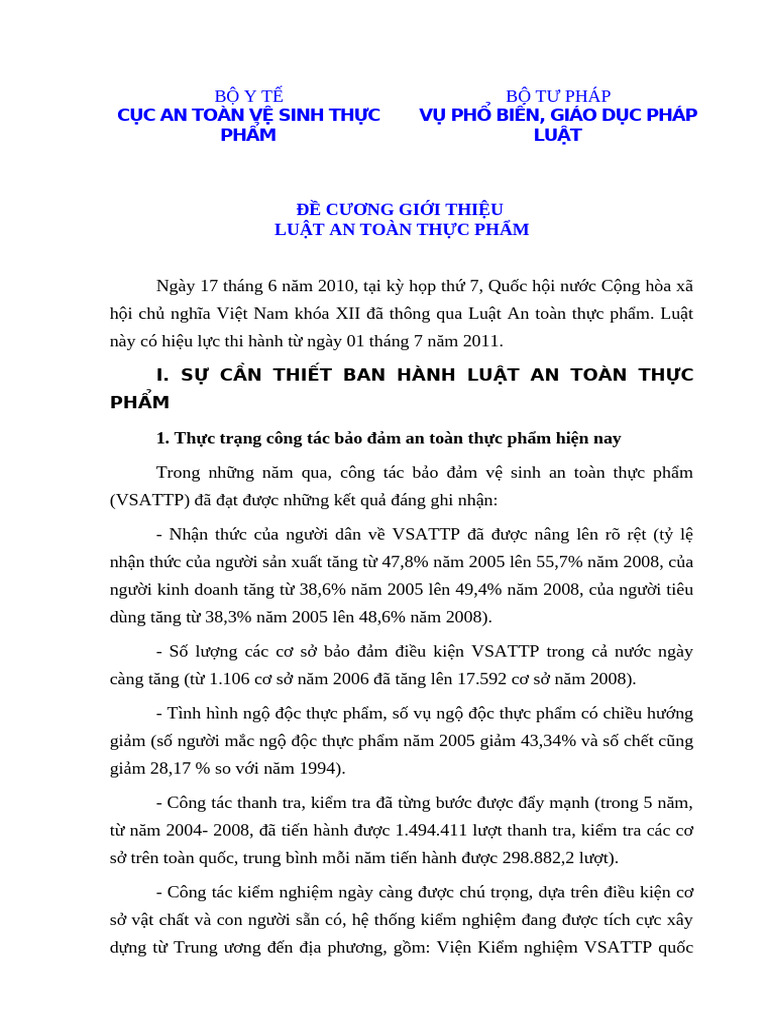 De Cuong Gioi Thieu Luat An Toan Thuc Pham | PDF