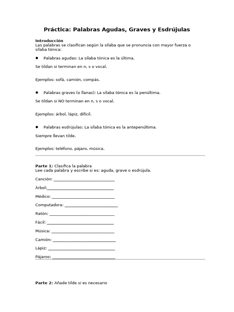 Práctica de Palabras Agudas y Graves | PDF | Estrés (lingüística ...