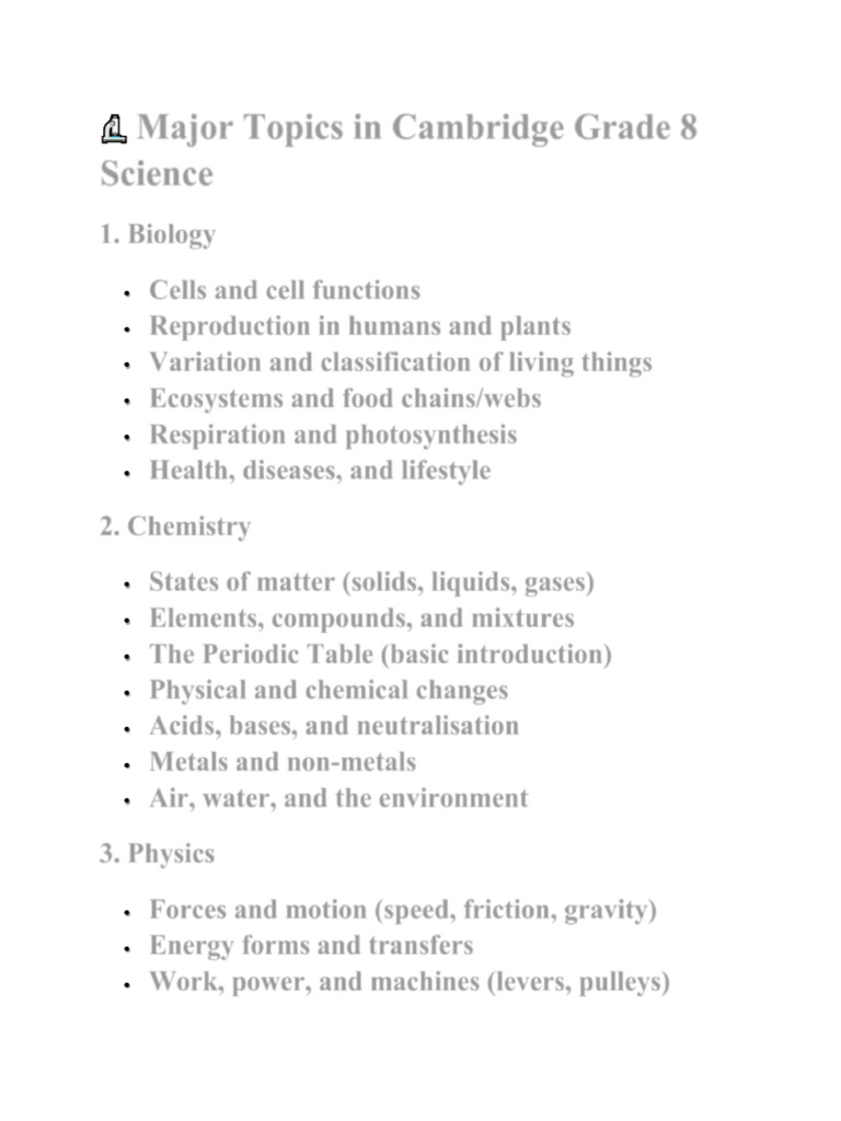 Cambridge Grade 8 Science Topics | PDF