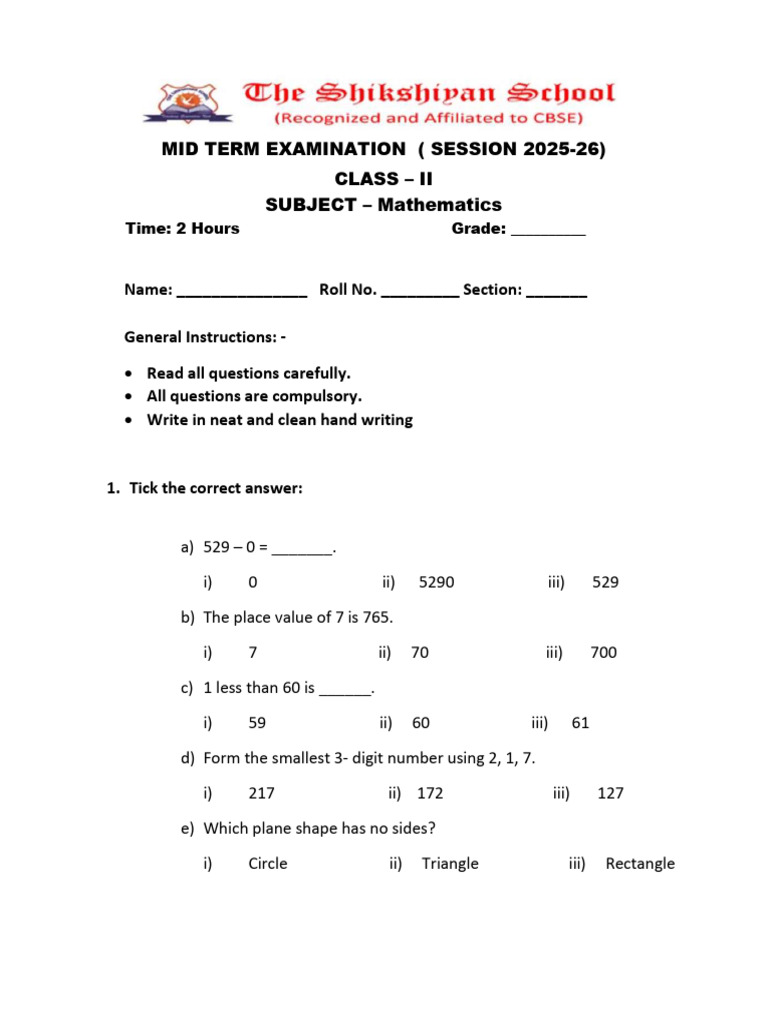 Class II Mathematics Midterm Exam | PDF | Mathematics