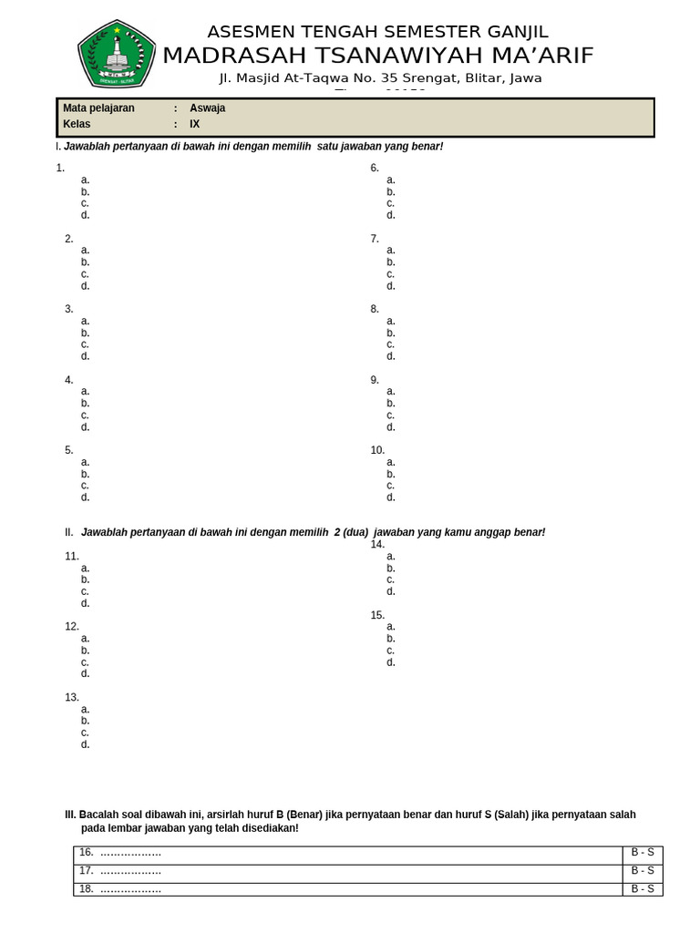 Template Soal PTS 2025 | PDF