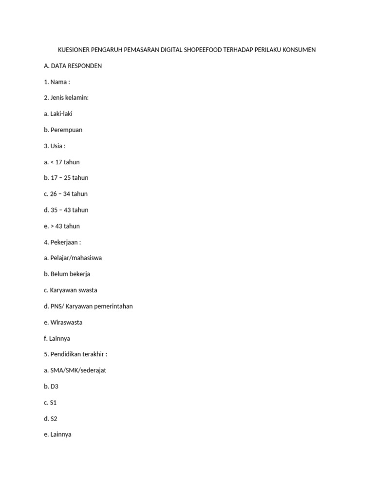 Kuesioner Pengaruh Pemasaran Digital THD | PDF