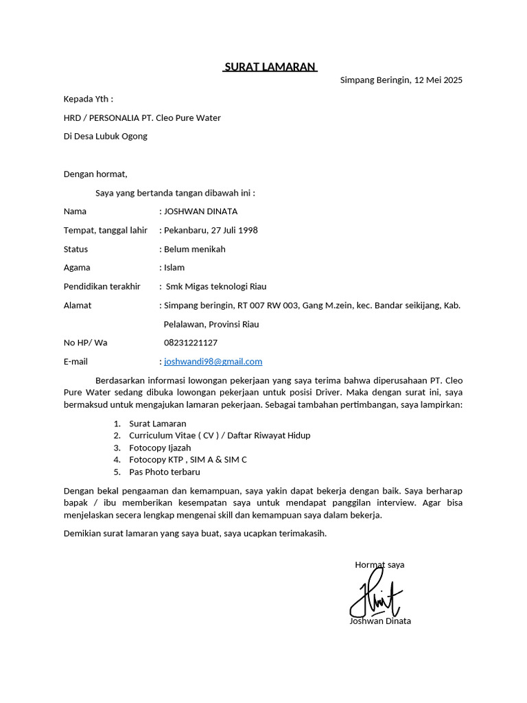 Lamaran Pekerjaan Driver PT Cleo Water | PDF