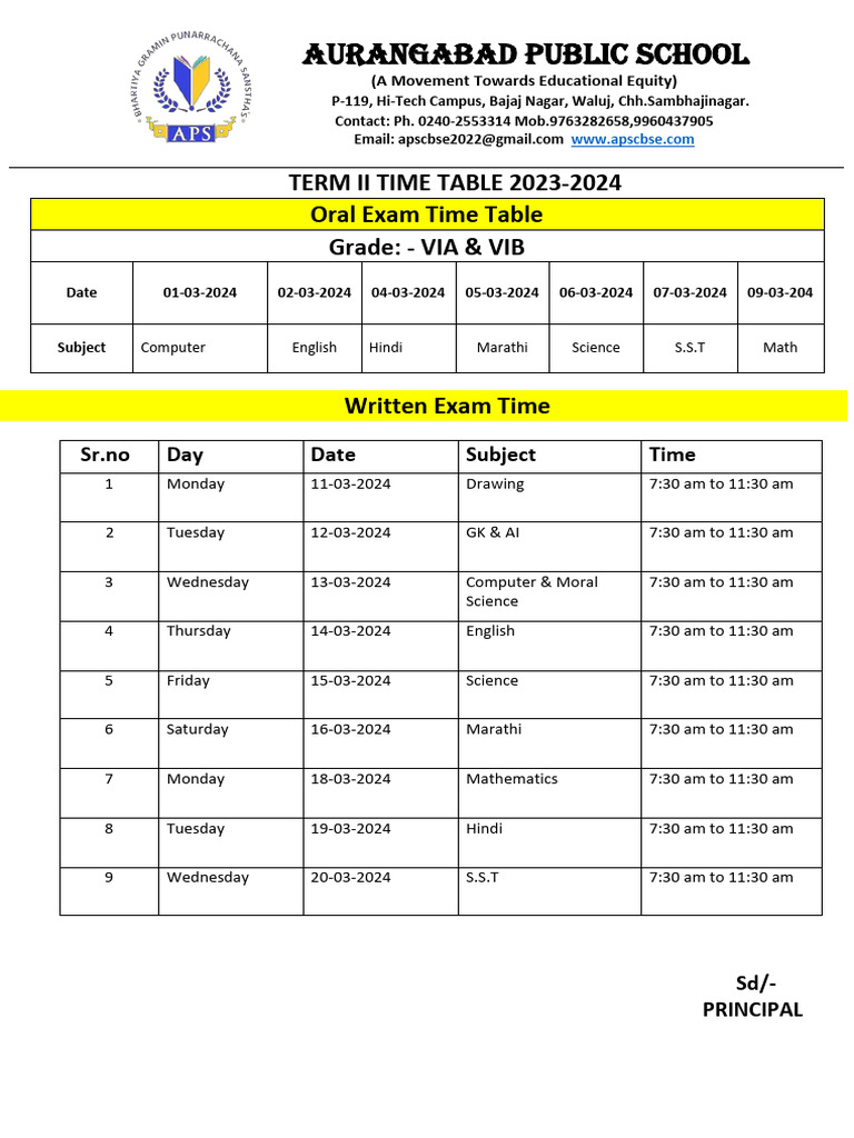 Grade VI Term - II Exam Time Table | PDF