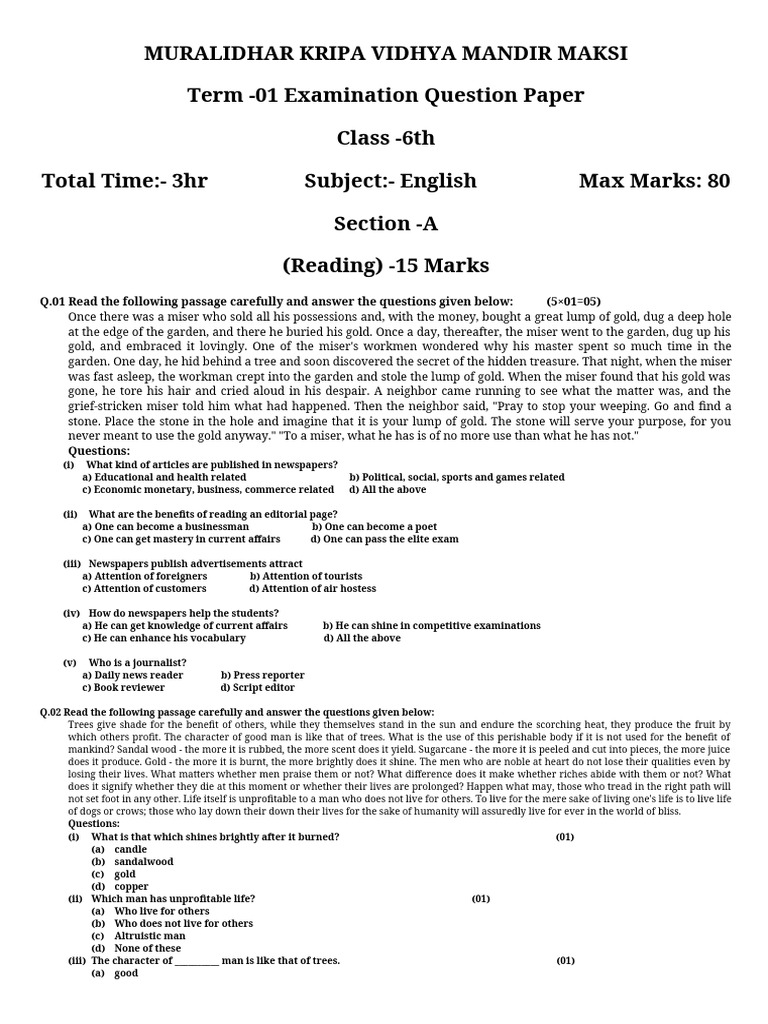 Class 6th T1 Exam Question Paper | PDF | Grammatical Gender | Verb
