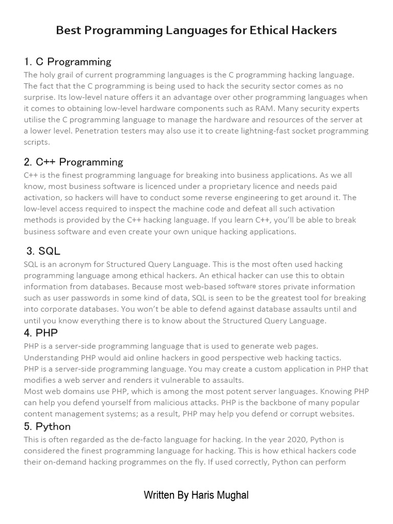 Best Programming Languages For Ethical Hackers | PDF | Security Hacker | Computer Programming