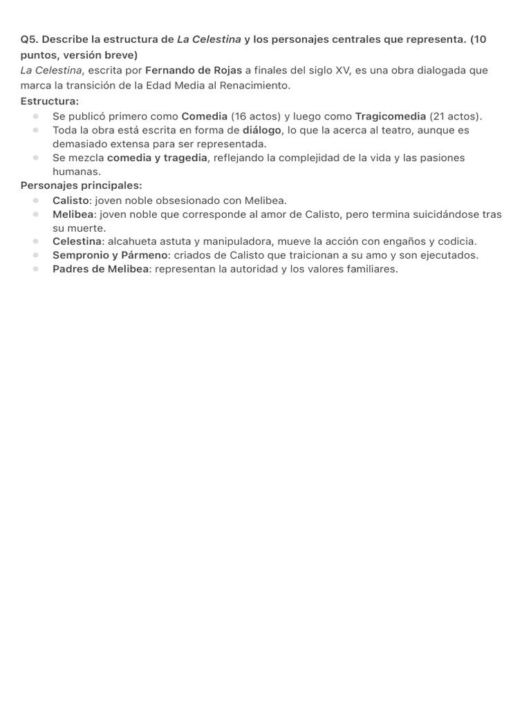 Q5 Describe La Estructura De La Celestina Y Los Personajes Centrales Pdf