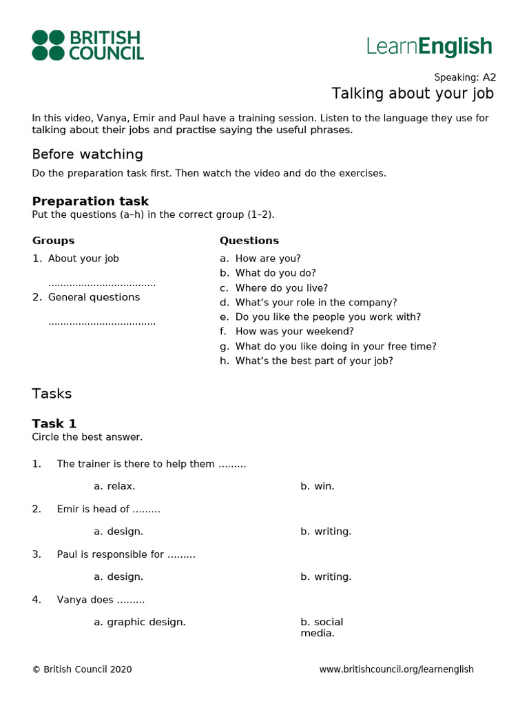 Speaking A2 Talking About Your Job | PDF | Chess | Chess Theory