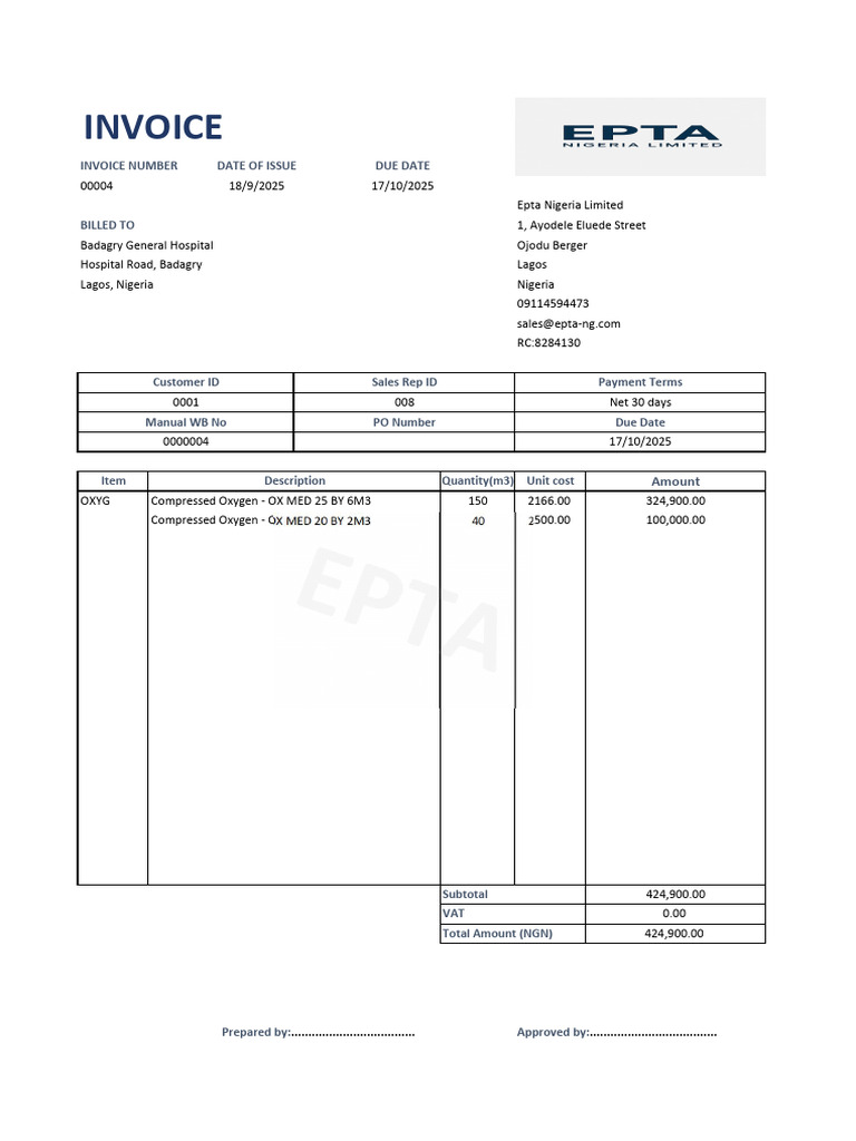Invoice for Compressed Oxygen Supply | PDF