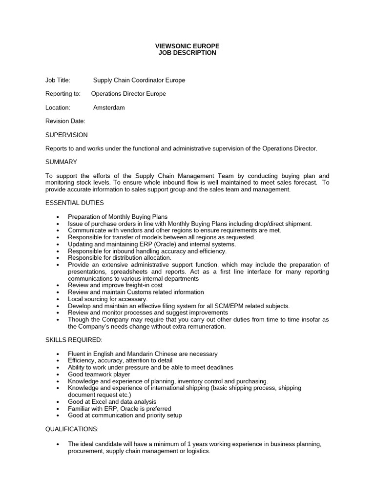 JD - Supply Chain Coordinator Europe - NL PDF | PDF | Supply Chain ...