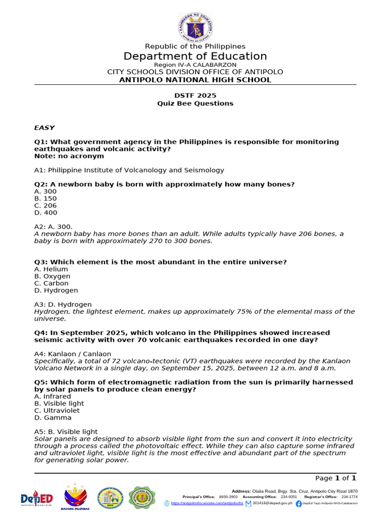Quiz Bee Questions 2025 DSTF | PDF | Light