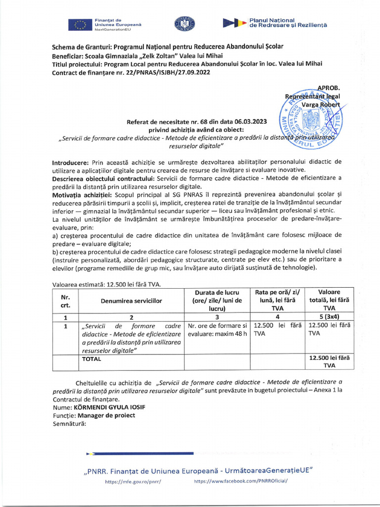 1a. Referat de Necesitate Achizitie Curs Cadre Didactice 1 | PDF