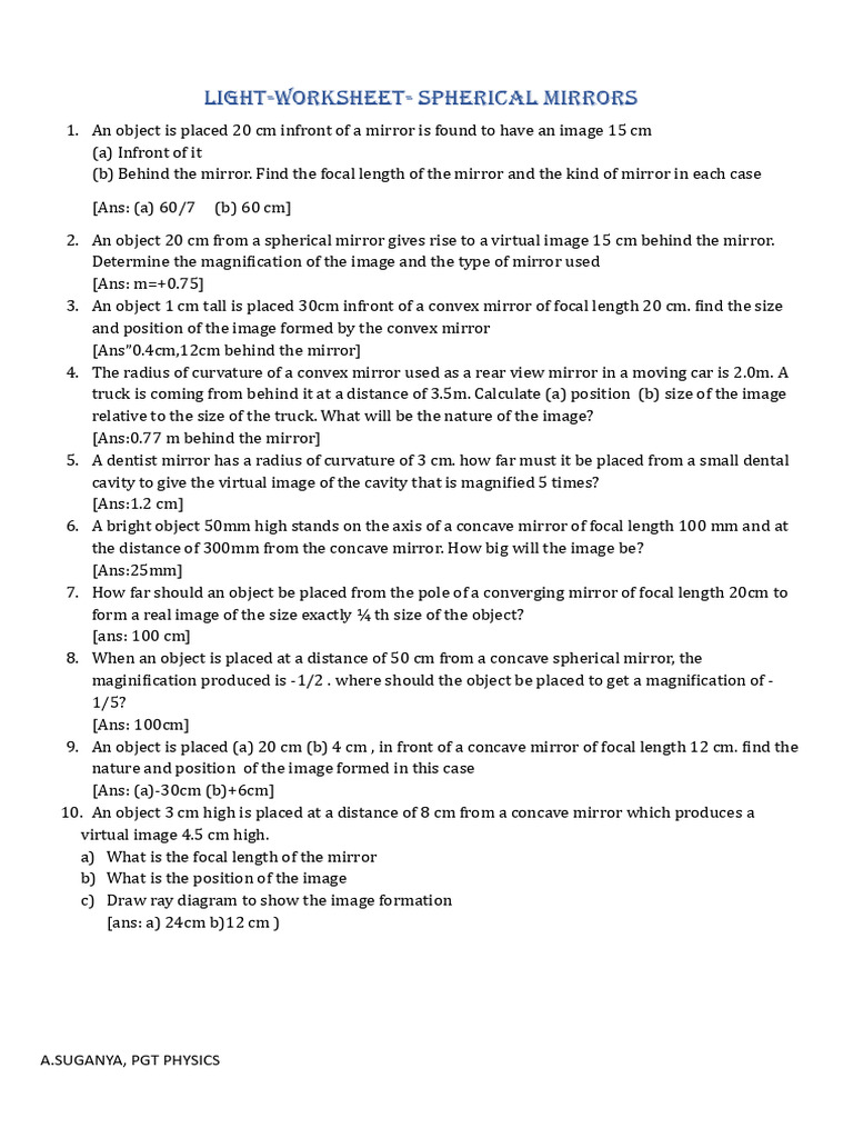 Spherical Mirrors Physics Worksheet | PDF