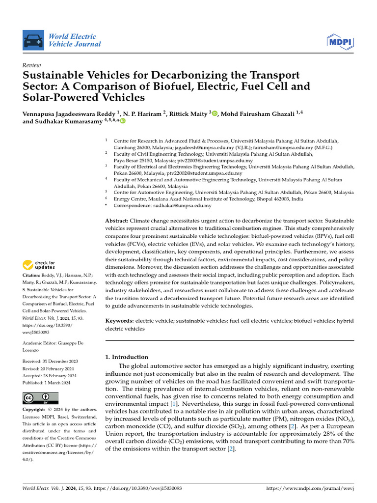 Sustainable Vehicles For Decarbonizing The Transport Sector: A Comparison of Biofuel, Electric ...