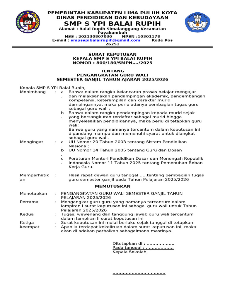 Pengangkatan Guru Wali SMP 2025/2026 | PDF