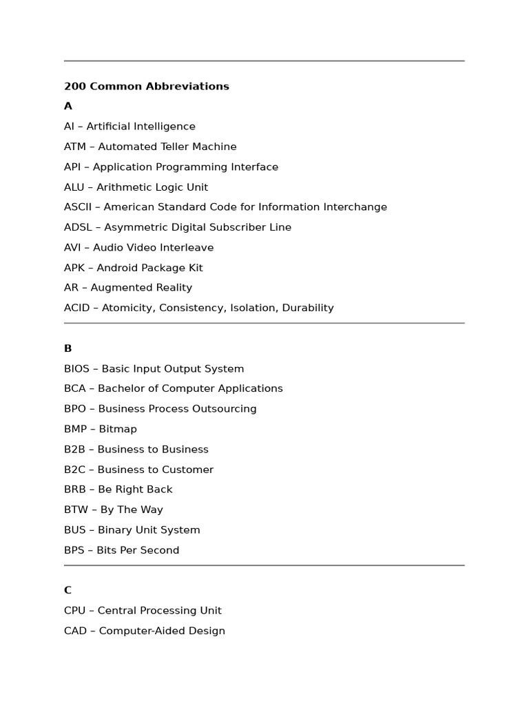 200 Common Abbreviations | PDF | Java (Programming Language) | Java (Software Platform)