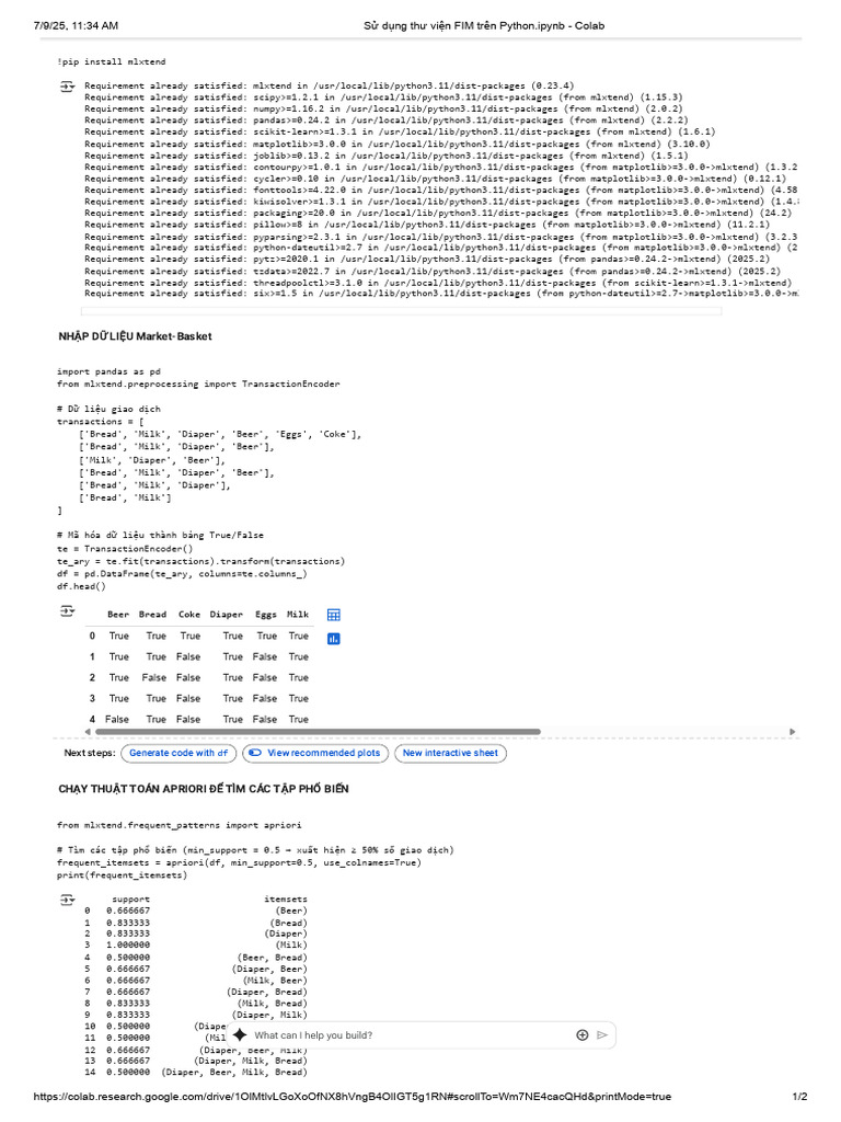 Sử dụng thư viện FIM trên Python.ipynb - Colab | PDF | Python (Programming Language) | Data Mining