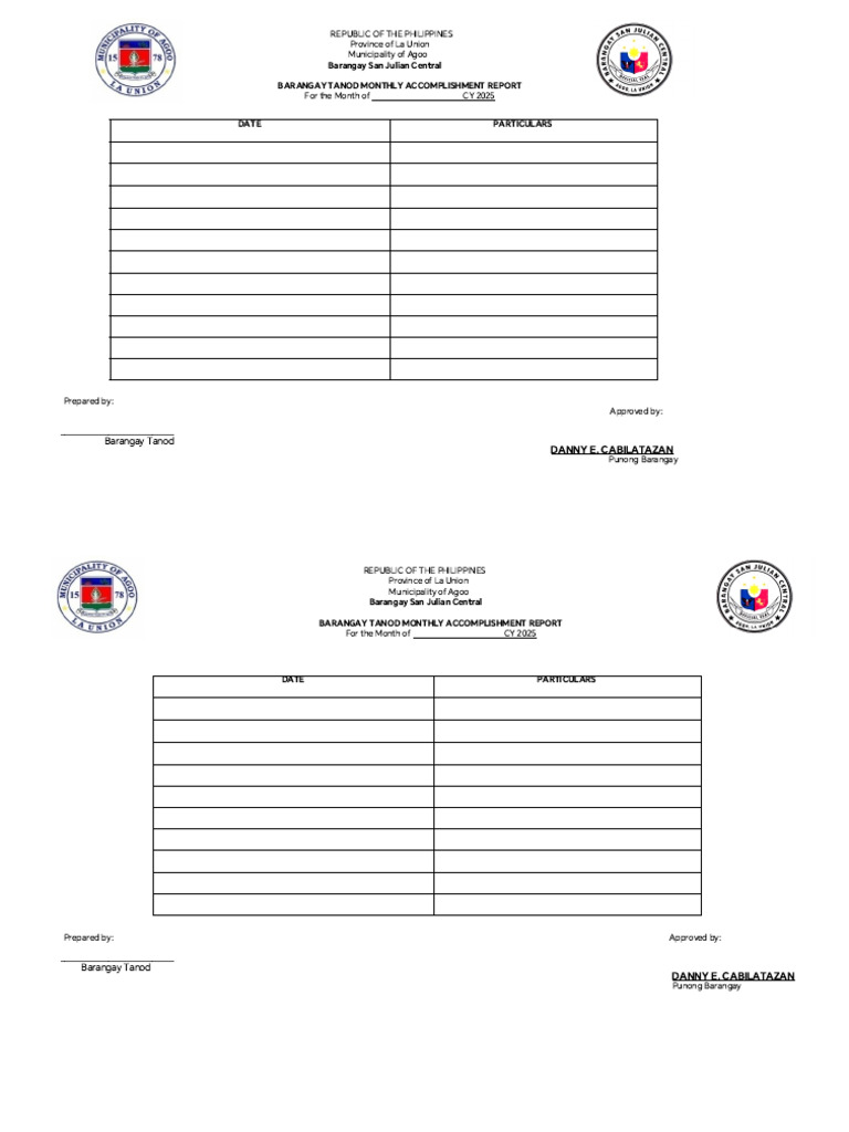 Barangay Tanod Accomplishment Report 2025 | PDF