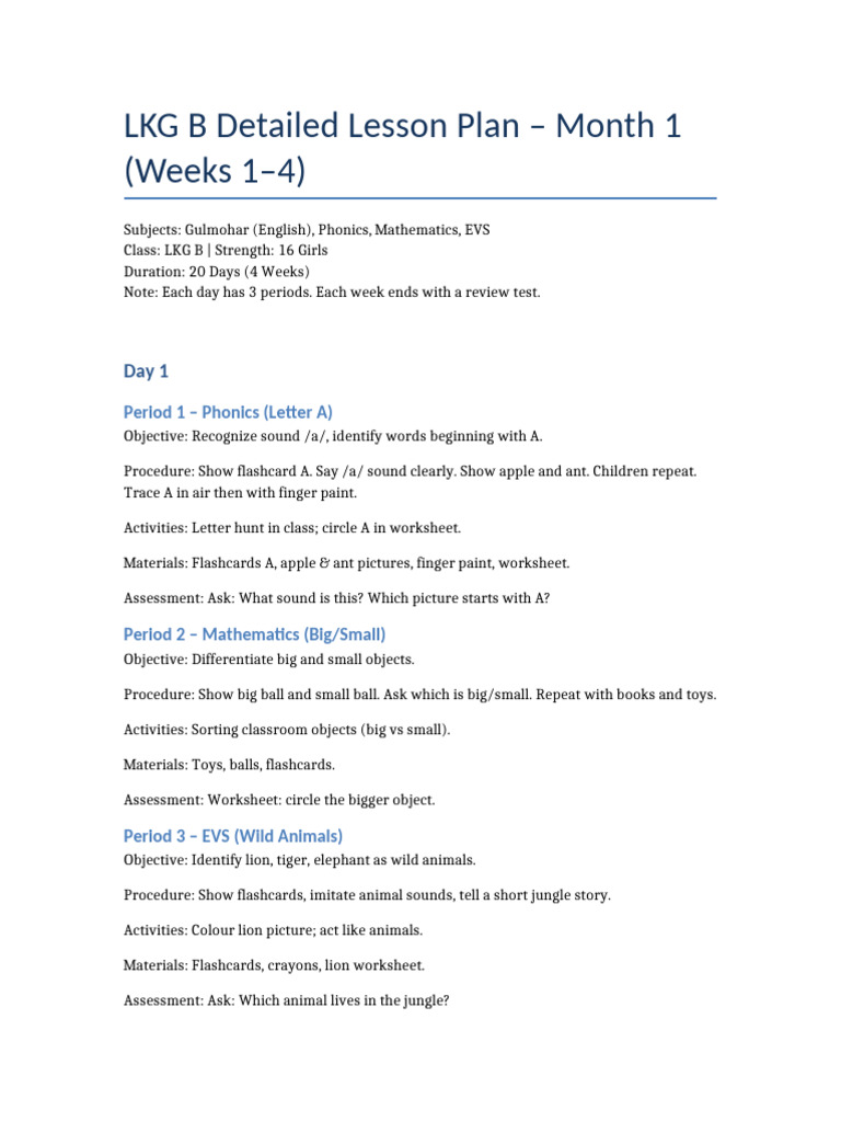 LKG B Lesson Plan: Weeks 1-4 Overview | PDF | Phonics