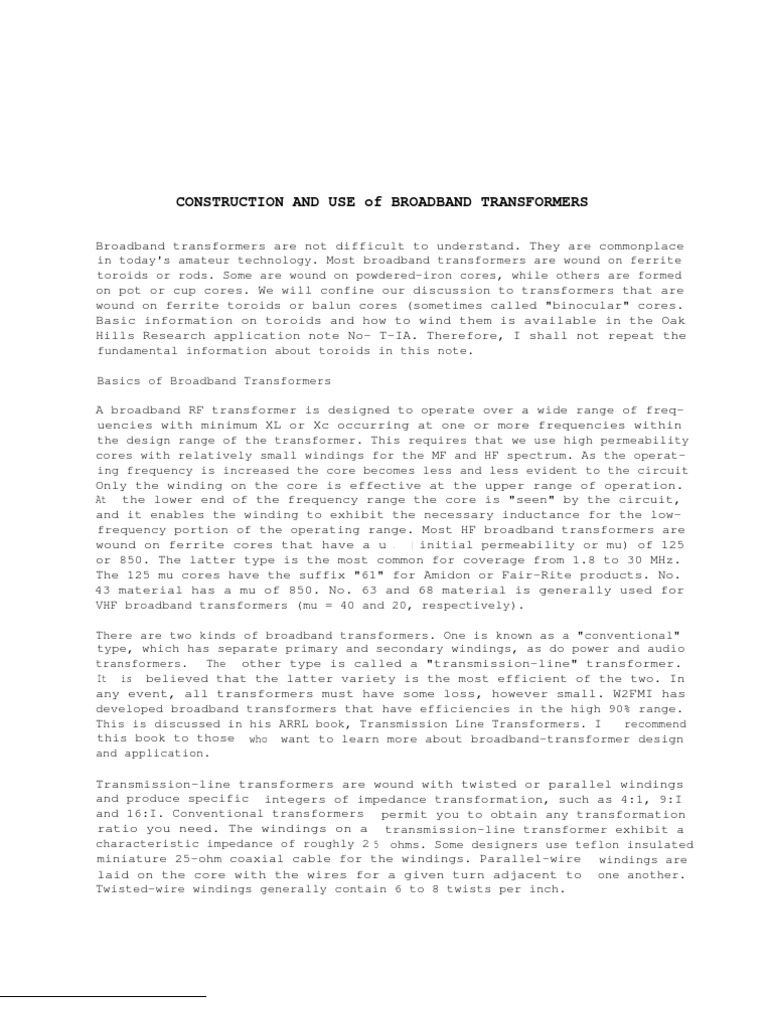 Broadband Transformer Construction Guide | PDF | Transformer ...