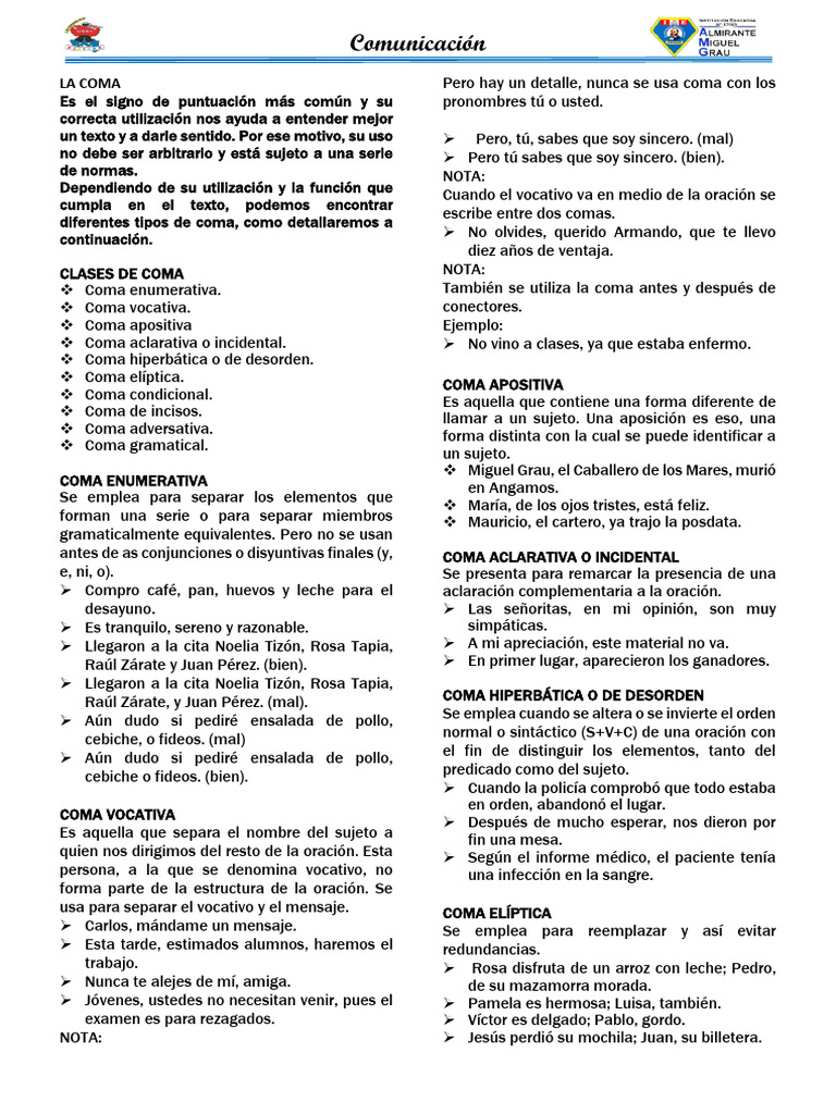 Tipos y Uso de la Coma en Escritura | PDF | Coma | Asunto (gramática)