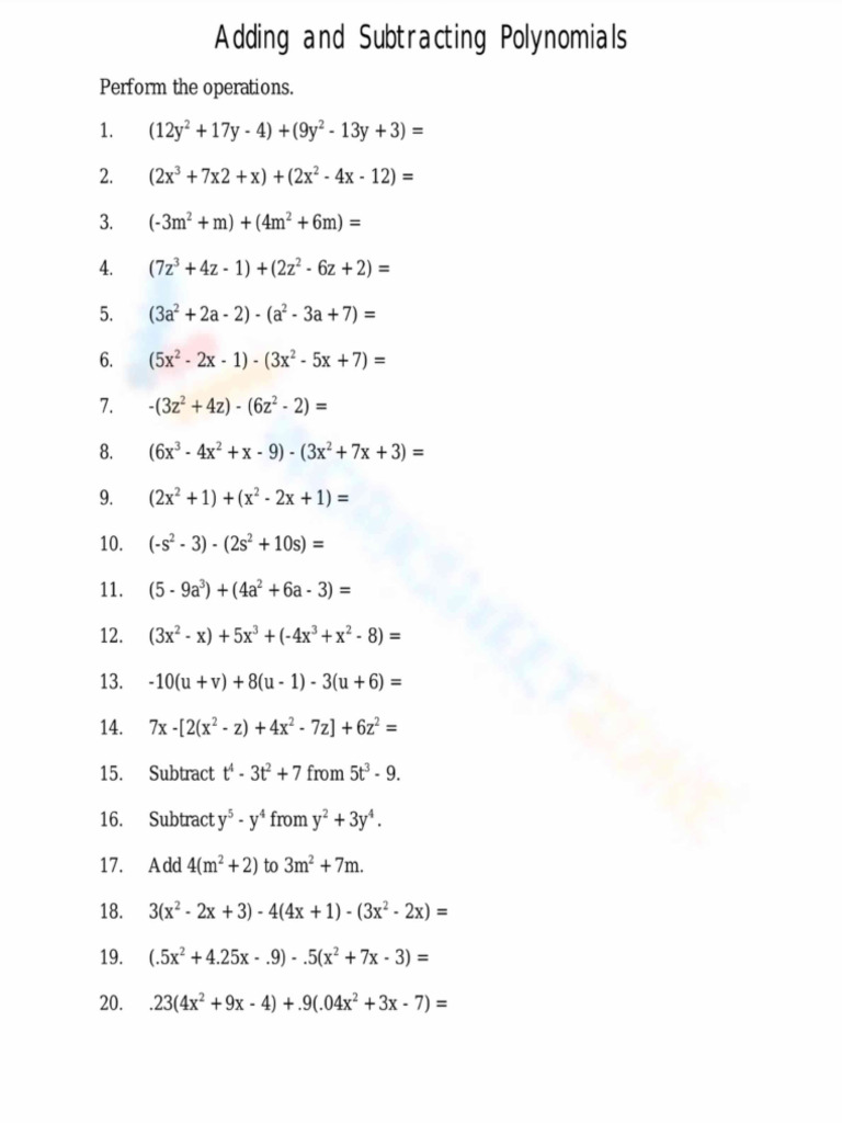 Adding and Subtracting Polynomials Practice Worksheet | PDF