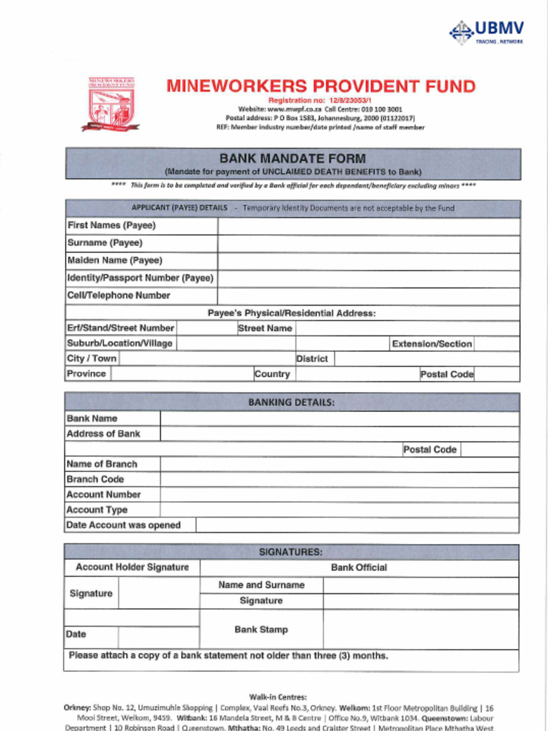 Bank Mandate Form - Ubmv | PDF