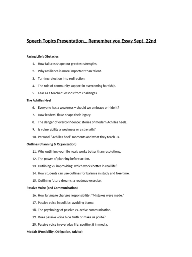 Speech+Topics+Presentation Docx+september+22 | PDF