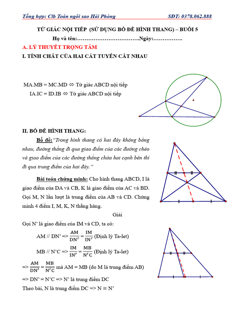 Tứ Giác Nội Tiếp-sử Dụng Bổ Đề Hình Thang (g8a1) Buổi 5-Bài Tập | PDF
