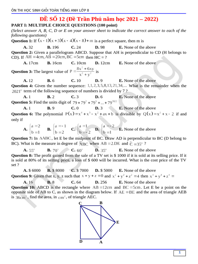 Toan TA8 de 12 | PDF | Discrete Mathematics | Number Theory