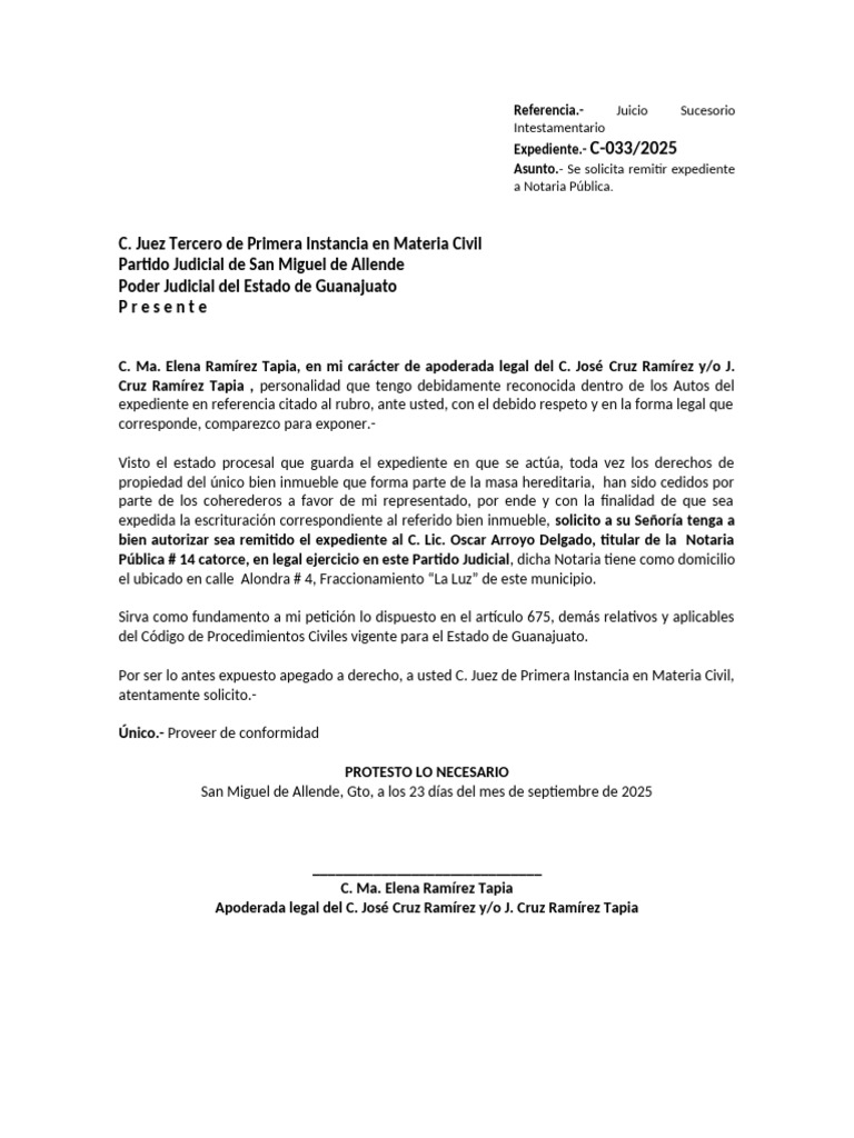 Escrito. - Se Solicita Remitir Expediente para Escrituración A Notaria ...