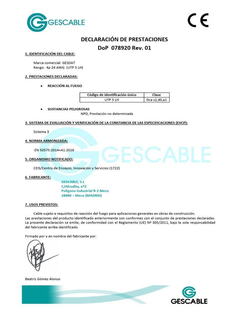 Declaración de prestaciones del cable GESDAT | PDF