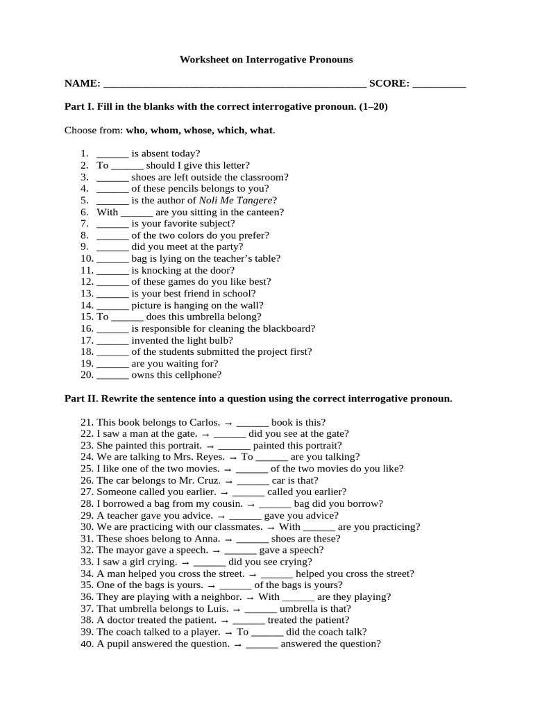 Interrogative Pronouns Worksheet | PDF | Chess | Chess Theory