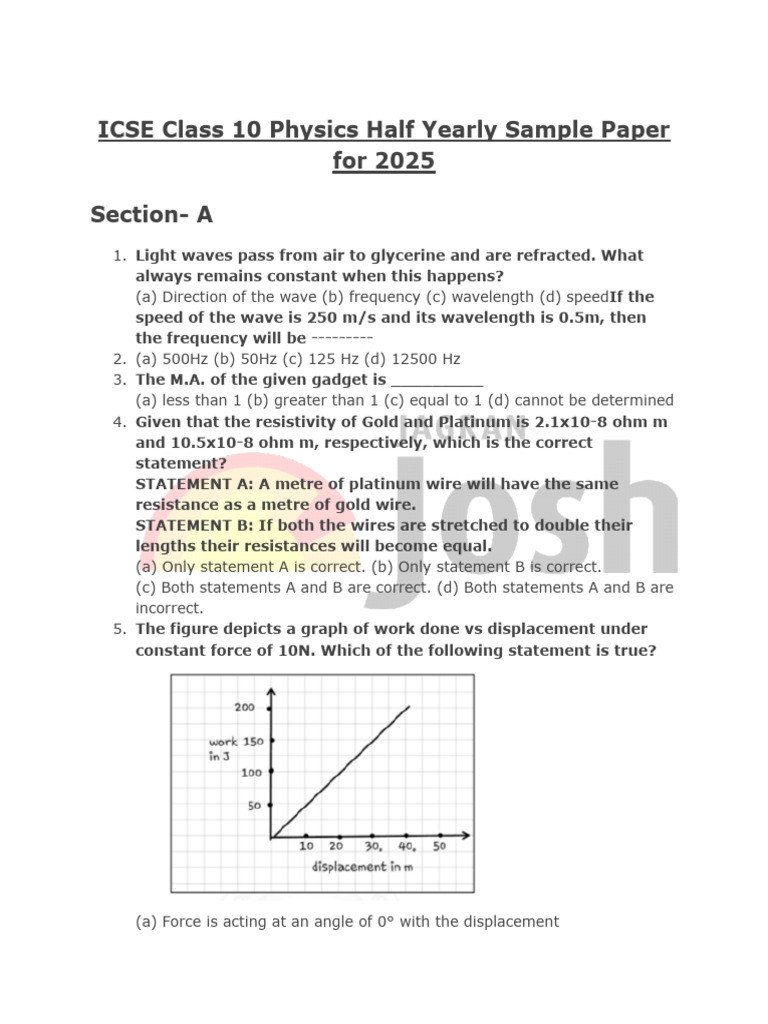 Icse Class 10 Physics Half Yearly Sample Paper For 2025 | PDF | Transformer | Resistor