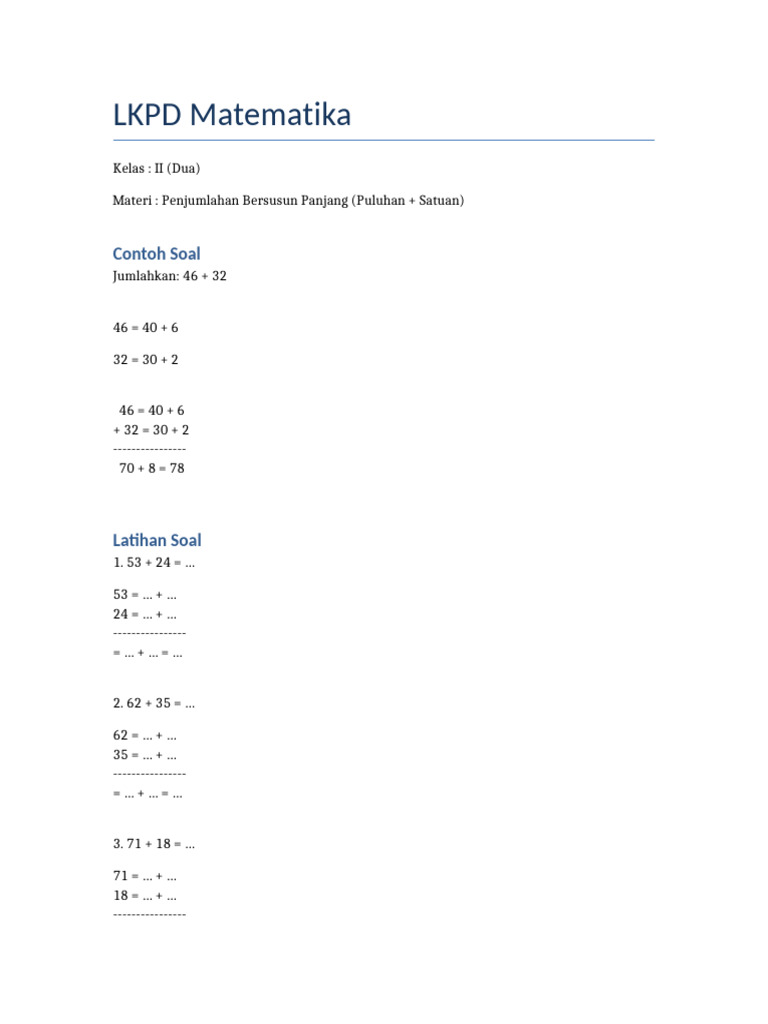 LKPD Penjumlahan Bersusun Panjang | PDF