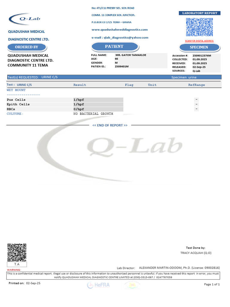 Urine Culture Test Results for Mr. Gator Tamakloe | PDF