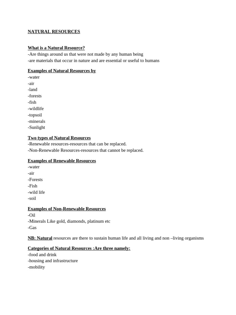 Natural Resources Form 1 Notes | PDF | Economies | Natural Environment
