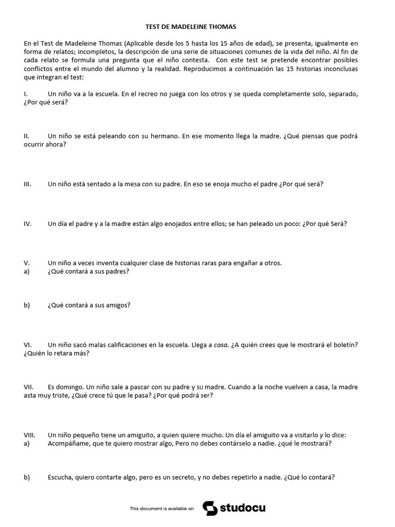 Test de Madeleine Thomas para Niños | PDF