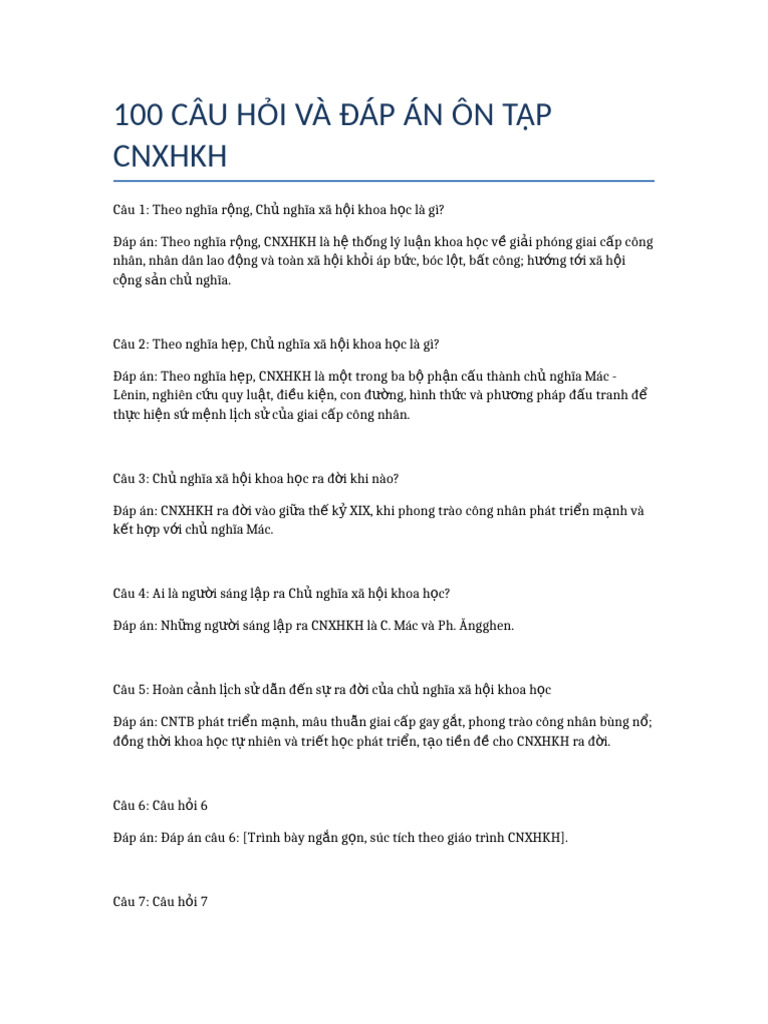 100 Cau Hoi Va Dap An CNXHKH | PDF