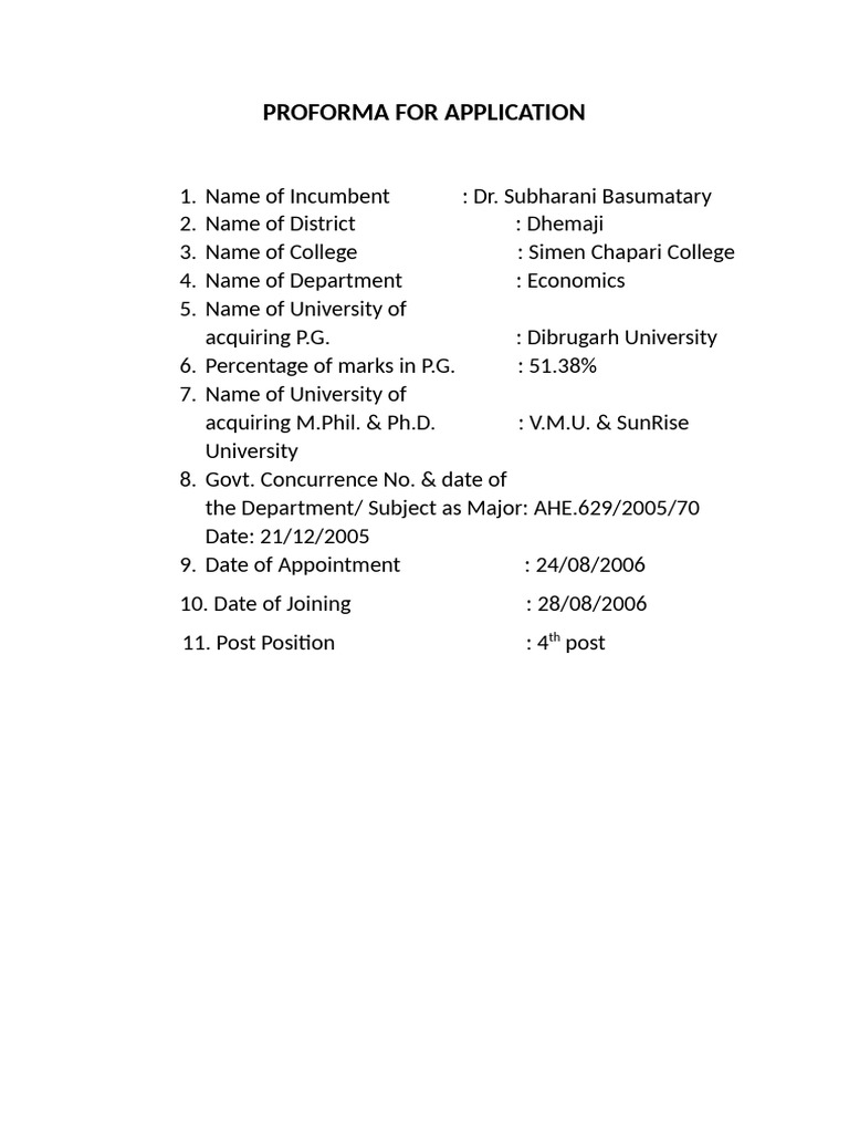 Proforma Application for Dr. Basumatary | PDF