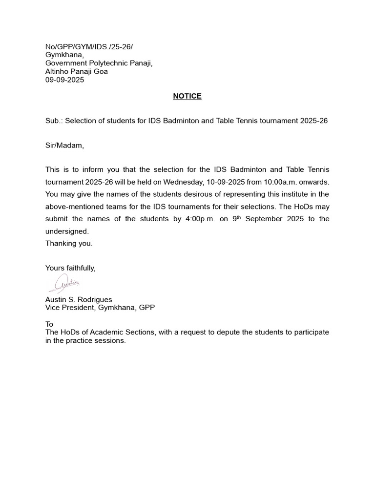 Notice For Players For Badminton and Table Tennis-1 | PDF