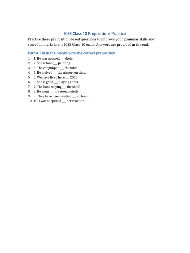 ICSE Class10 Prepositions Practice | PDF