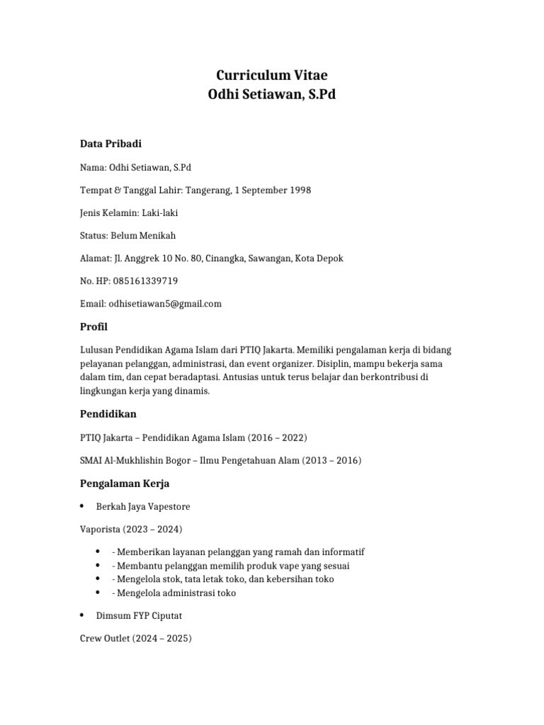 CV Odhi Setiawan Profesional | PDF