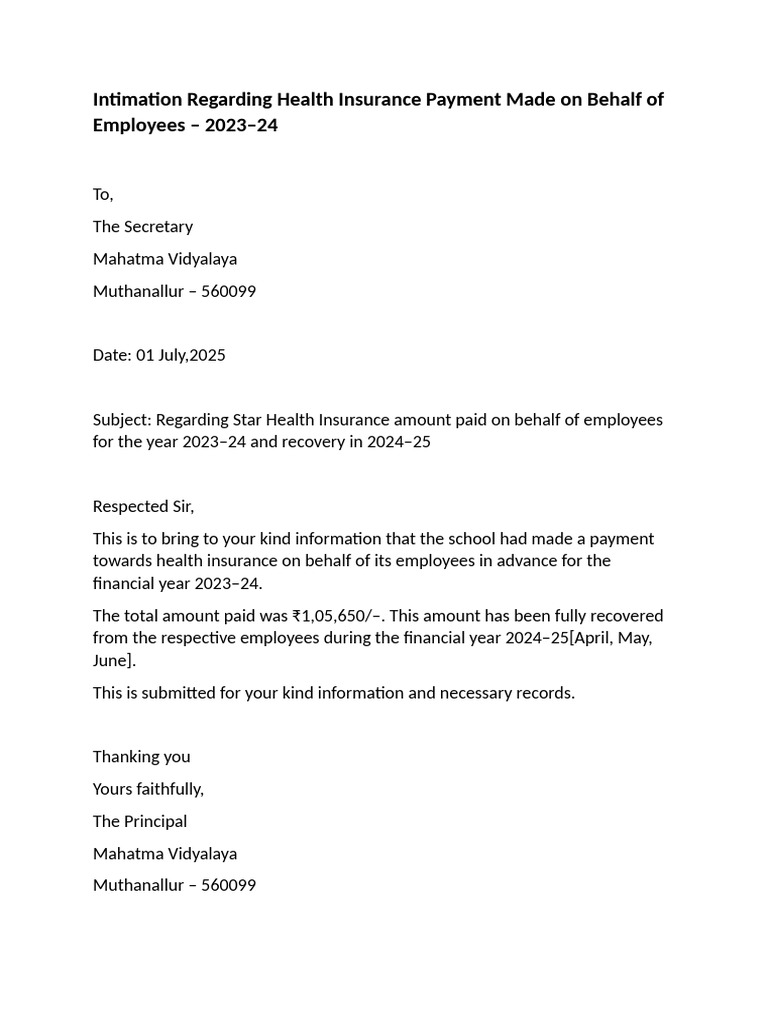 Intimation Regarding Health Insurance Payment Made On Behalf of ...