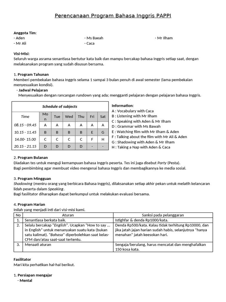 Rencana Program Bahasa Inggris PAPPI | PDF