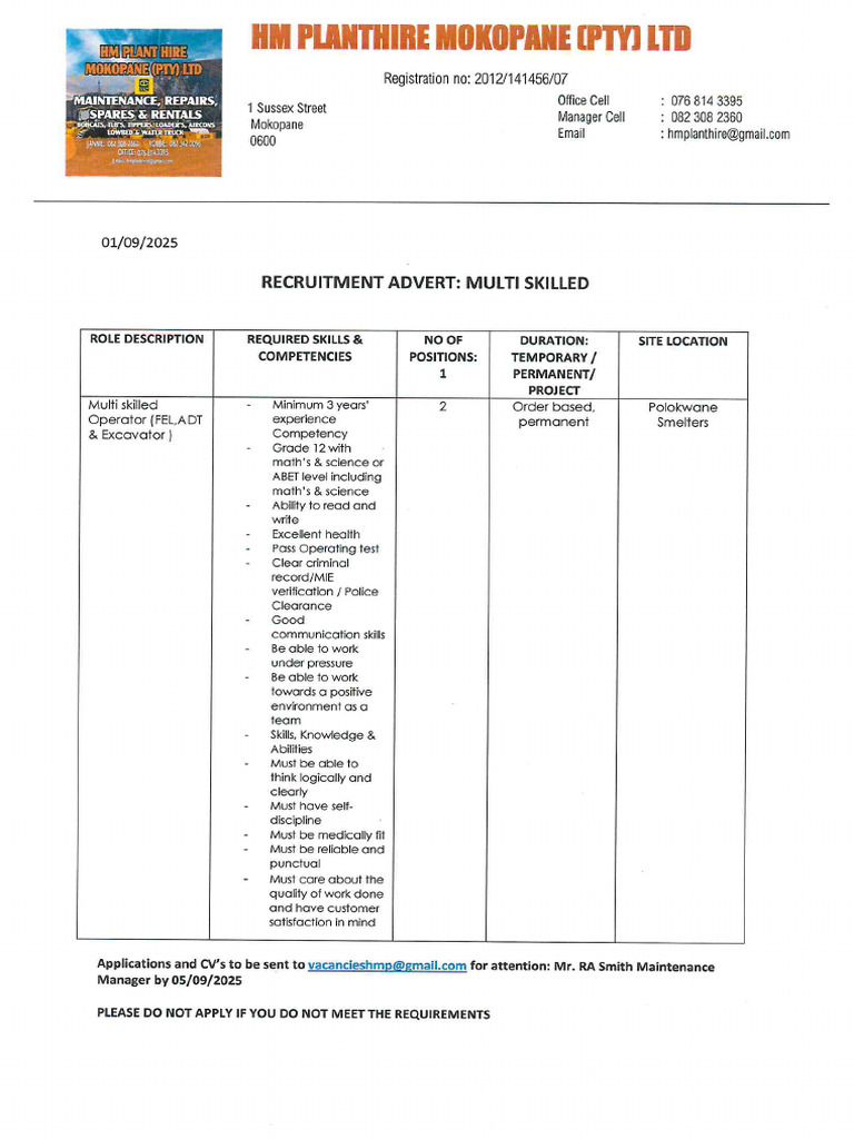 Vacancies For Multi Skilled Operators | PDF