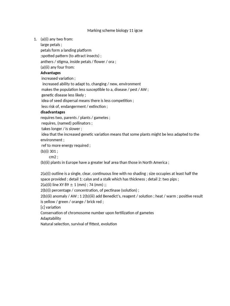 IGCSE Biology 11 Marking Scheme Guide | PDF